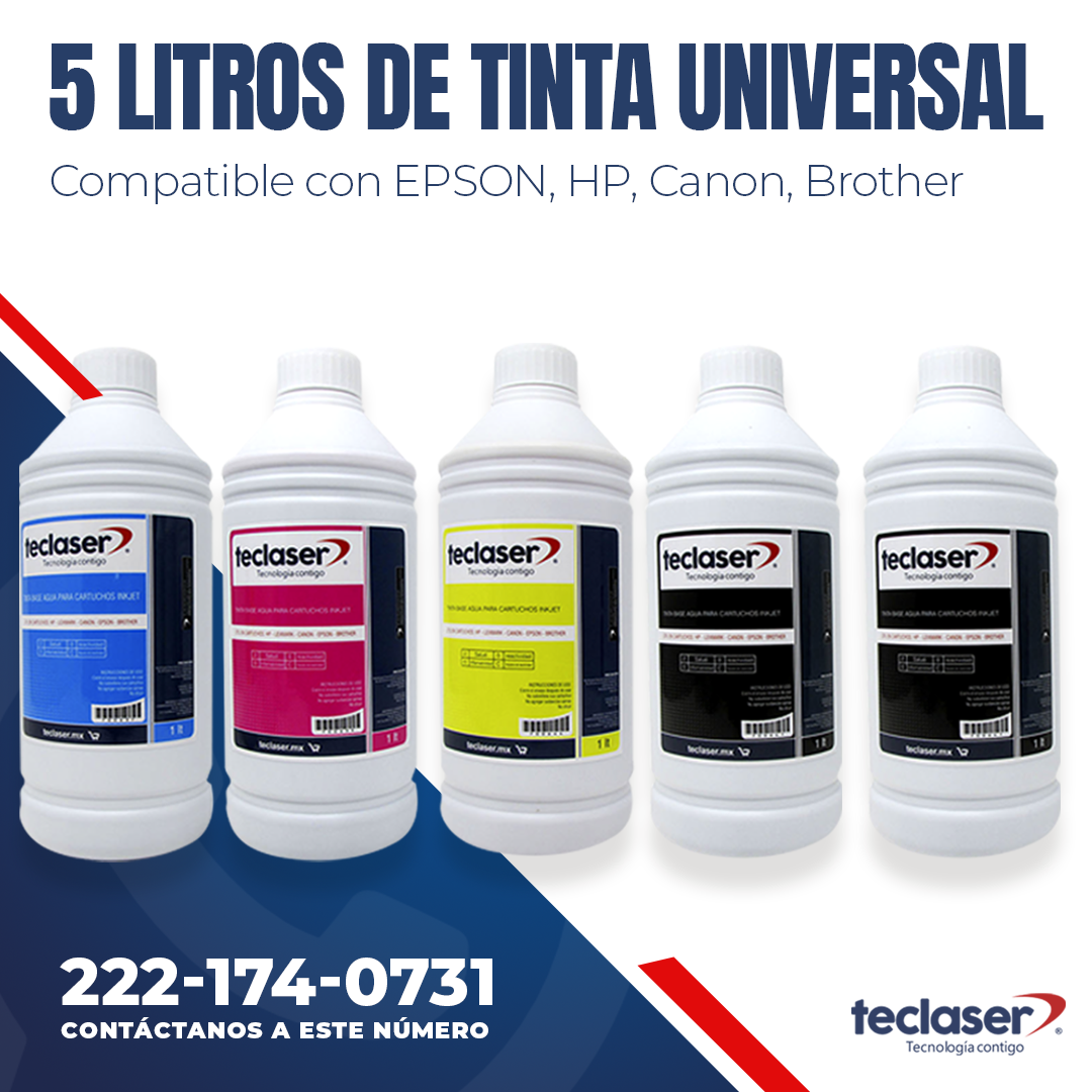 Kit de 5 piezas de Tinta Universal de 1 Litro base agua 2 Negras y 3 C – Teclaser